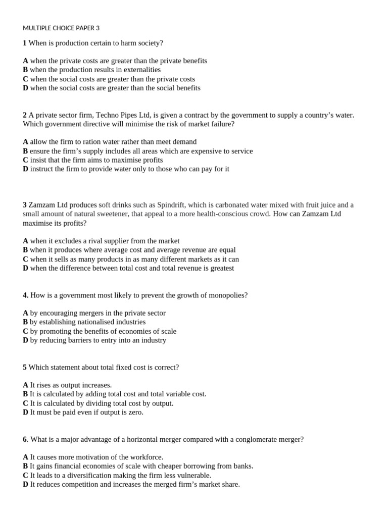 Multiple Choice Paper 3 | PDF | Profit (Economics) | Mergers And ...