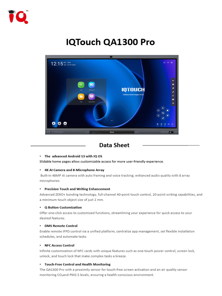 IQTouch QA1300 Pro Specification 20240326 | PDF | Camera | Film And Video Technology