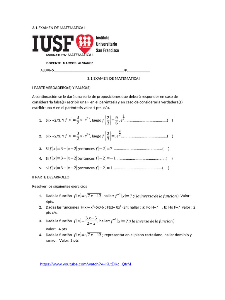 Examen de Matemática I: Verdadero y Falso | PDF