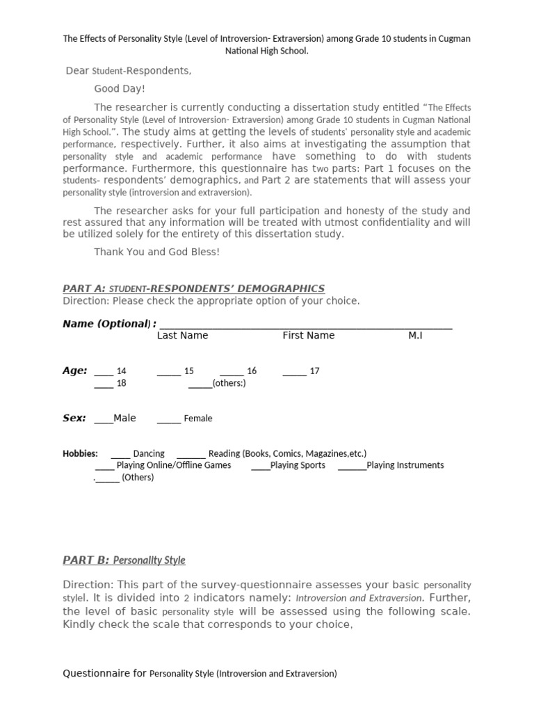 Sample-Questionnaire-DITA-1 | PDF | Extraversion And Introversion ...