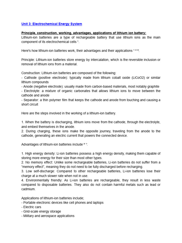Unit 3 High Energy Electrochemical System | PDF | Lithium Ion Battery | Fuel Cell