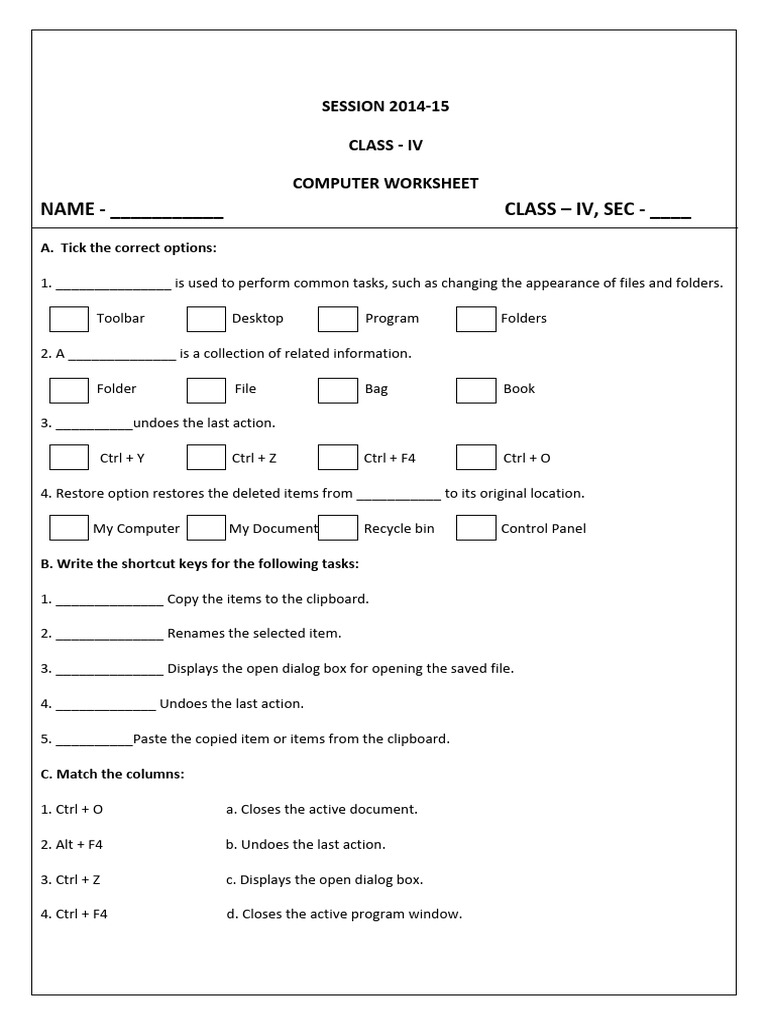 CBSE Class 4 Computers Worksheets | PDF | Computer Architecture ...