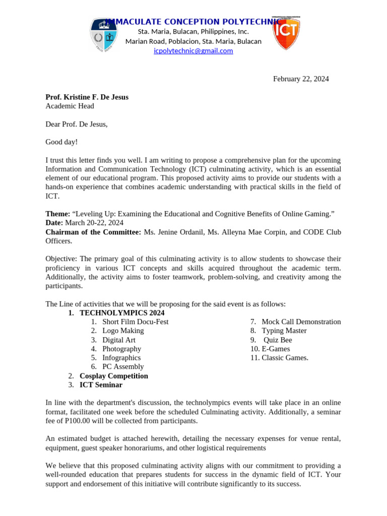 Ict Proposal Culminating 1 | PDF | Cognition