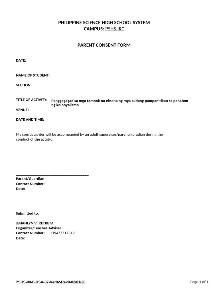 PSHS Parent Consent Form Template | PDF