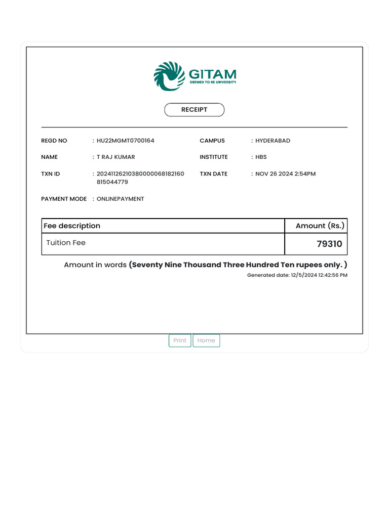 Tuition Fee Receipt Hyderabad 2024 | PDF