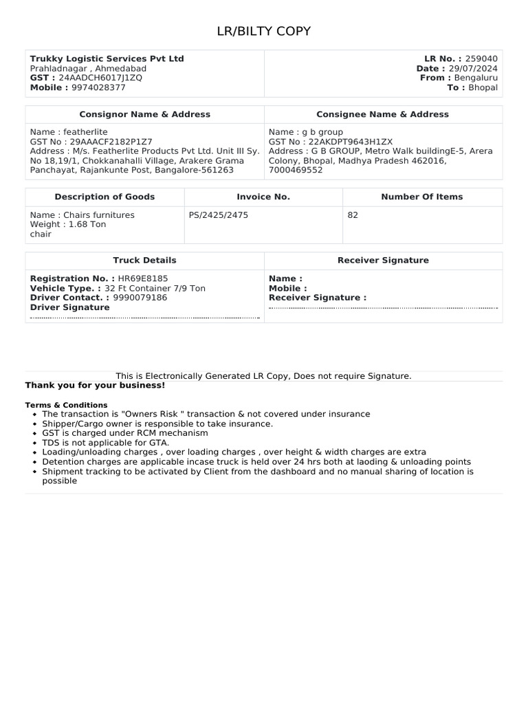 Lr/Bilty Copy: Thank You For Your Business! | PDF