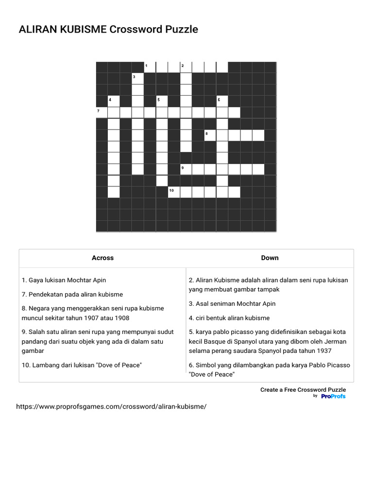 ALIRAN KUBISME Crossword Puzzle With Answers | PDF
