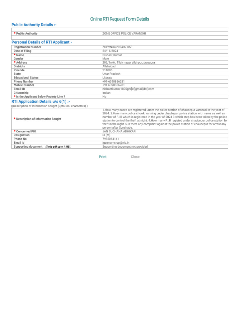 RTI Request Form for Varanasi Police | PDF