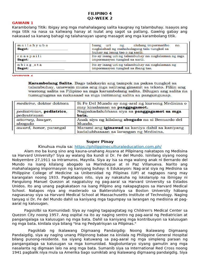 FILIPINO 4-q2 Week 1 | PDF