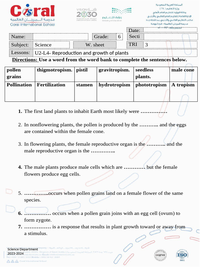 Gr 6 U2-L3-Reproduction and Growth of Plants Ws | PDF