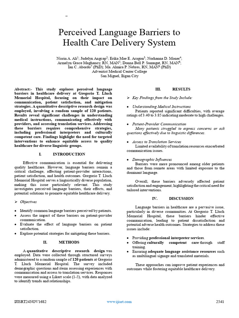 Perceived Language Barriers To Health Care Delivery System | PDF ...