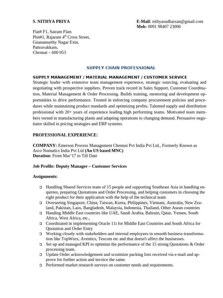 Nithya Resume 11.11.2022 | PDF | Cargo | Logistics