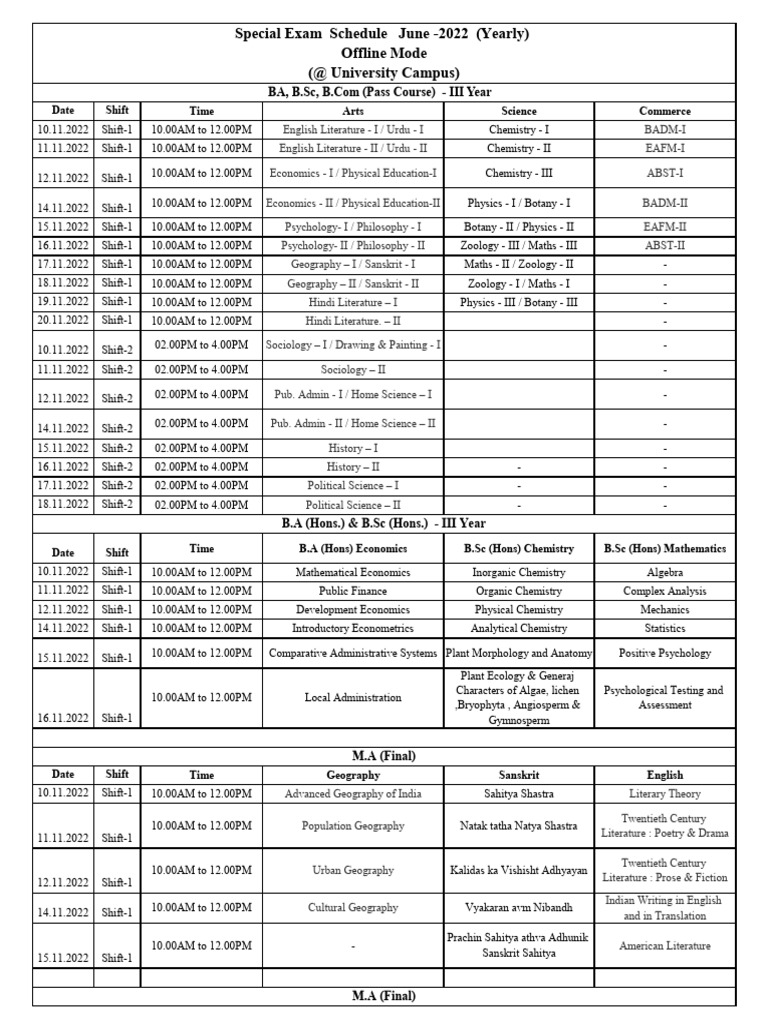 Special Exam Schedule June - 2022 (Yearly) Offline Mode University ...