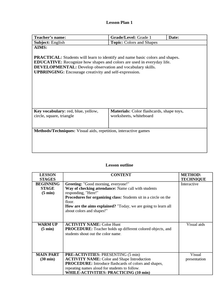 ENTRY 6 - Lesson Plans For Trial Lessons PRIMARY SCHOOL GRADES 1 | PDF ...