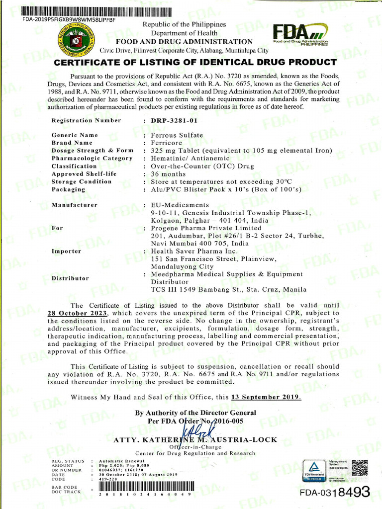 Ferrous Sulfate Tab FERRICORE | PDF