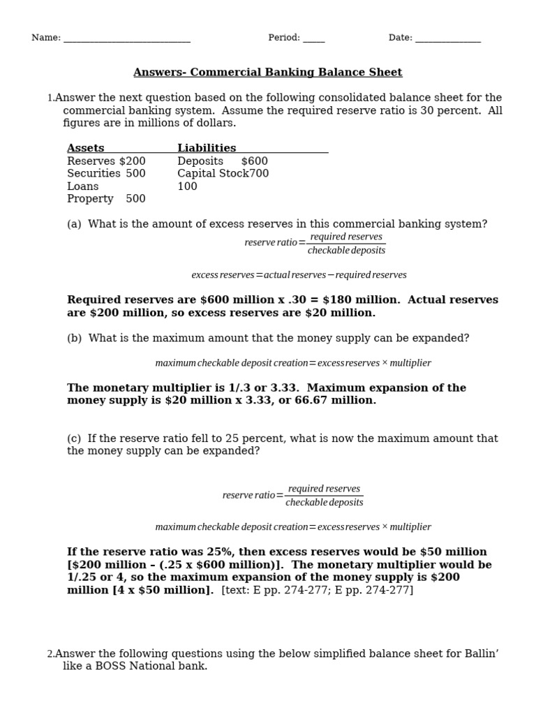 Unit 4 - Commercial Banking Balance Sheet - KEY | PDF | Money Supply ...