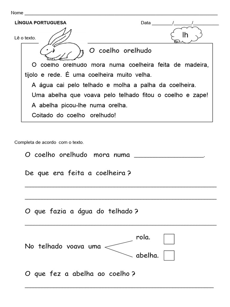 Ficha Portugues 1 Ano Casos de Leitura LH | PDF