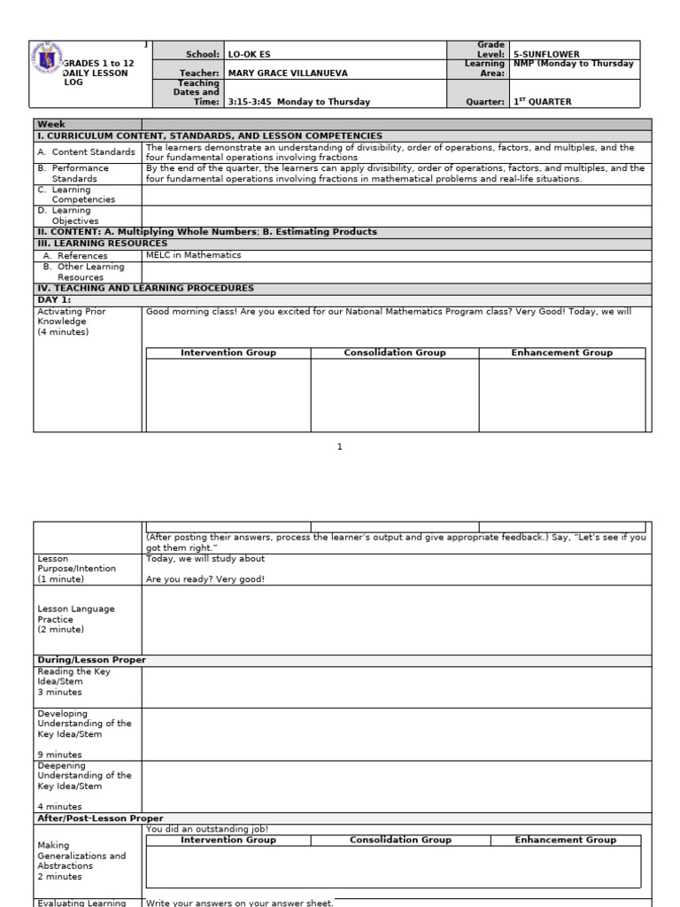 Grade 5 NMP Quarter 1 Week | PDF | Learning | Teaching