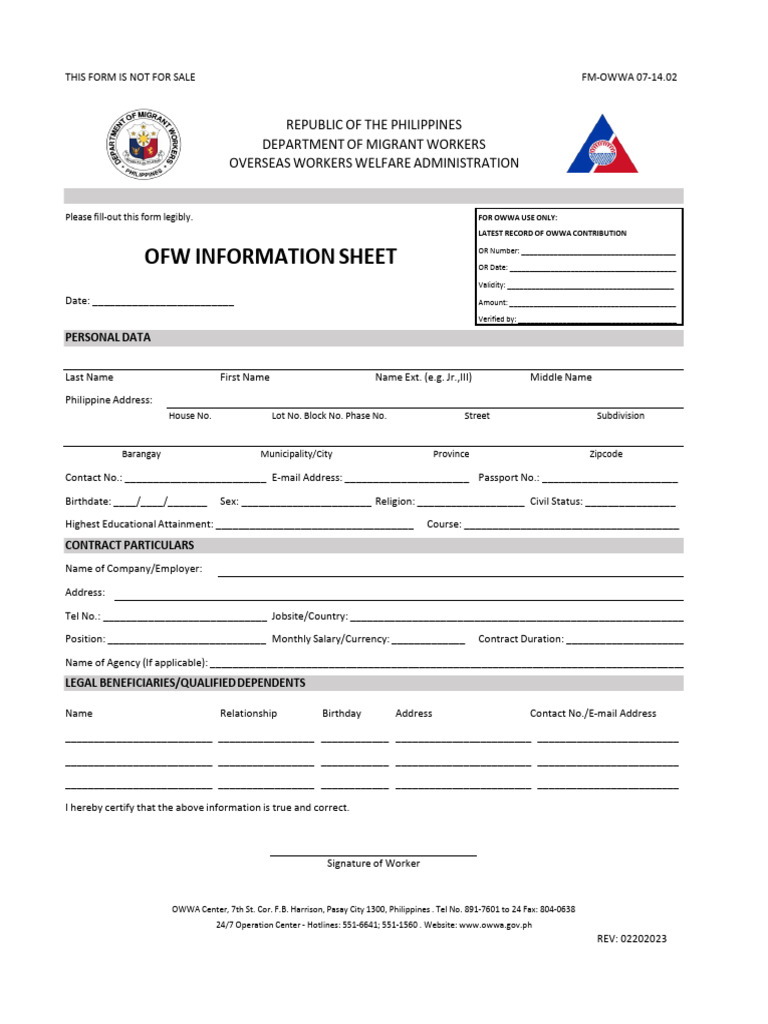 OWWA OFW Information Sheet Form | PDF | Labor