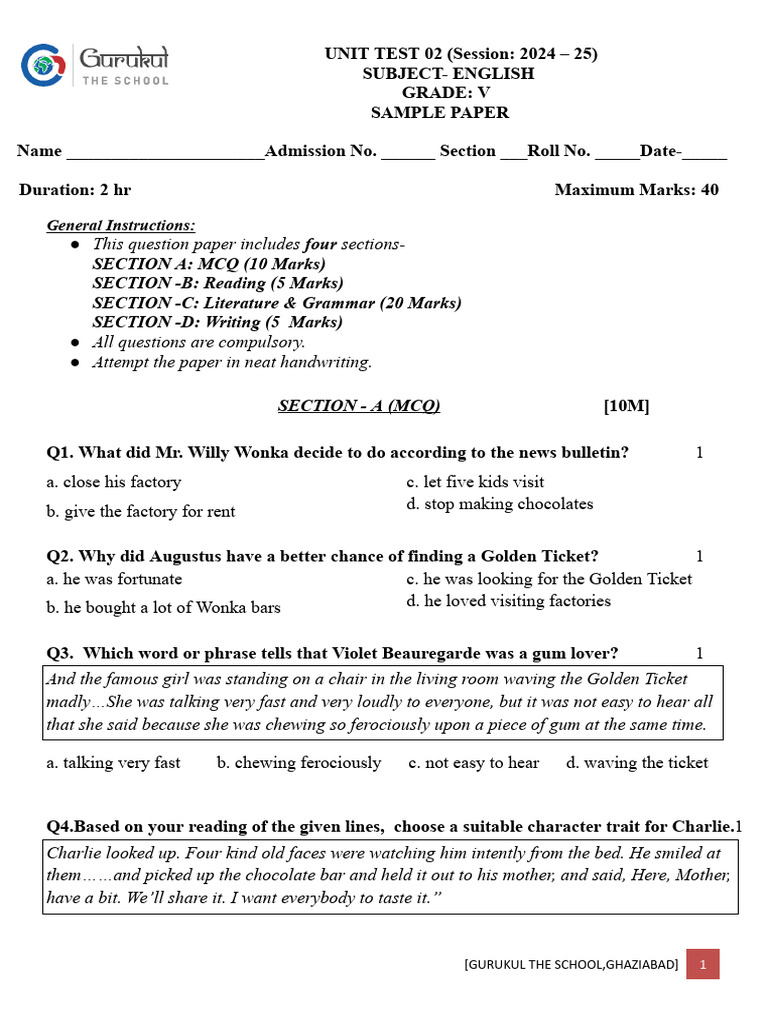 English_sample Paper _ Class 5 | PDF