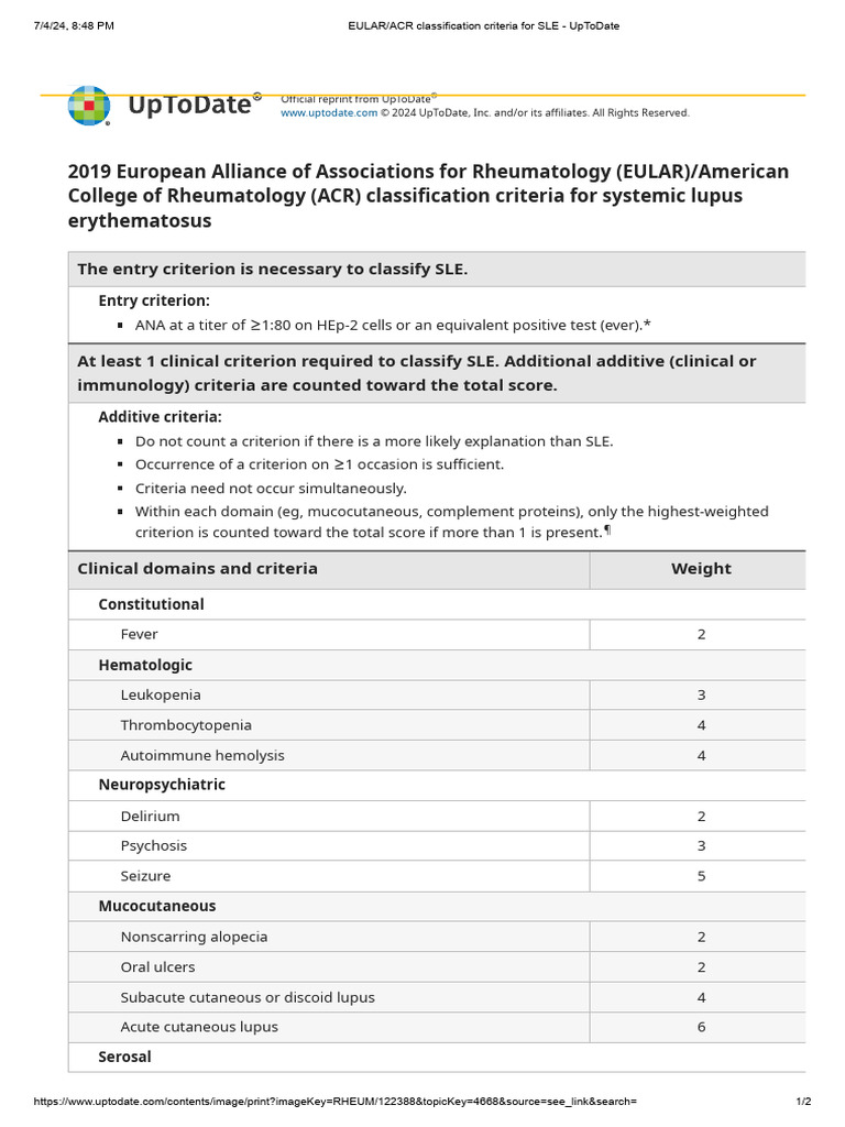 EULAR - ACR Classification Criteria For SLE - UpToDate | PDF | Medical ...