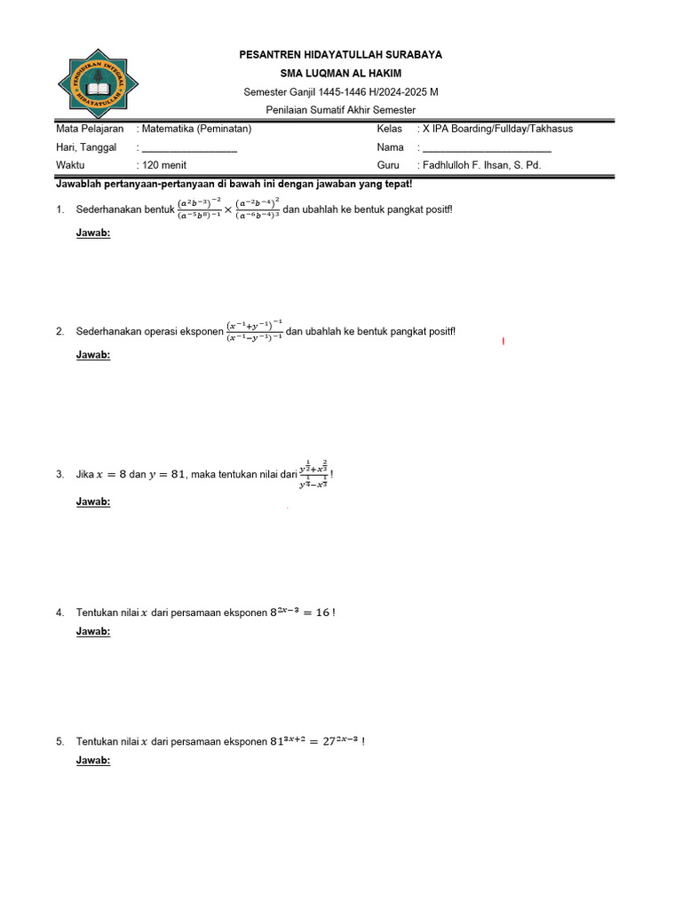PAS Ganjil Eksponen dan Logaritma Persamaan Eksponen Persamaan Logaritma | PDF