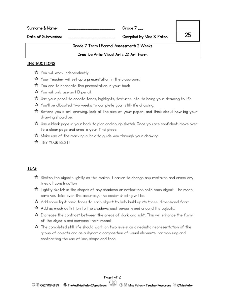 Visual Art Term 1 Formal Assessment 2D Art Form Still Life | PDF ...