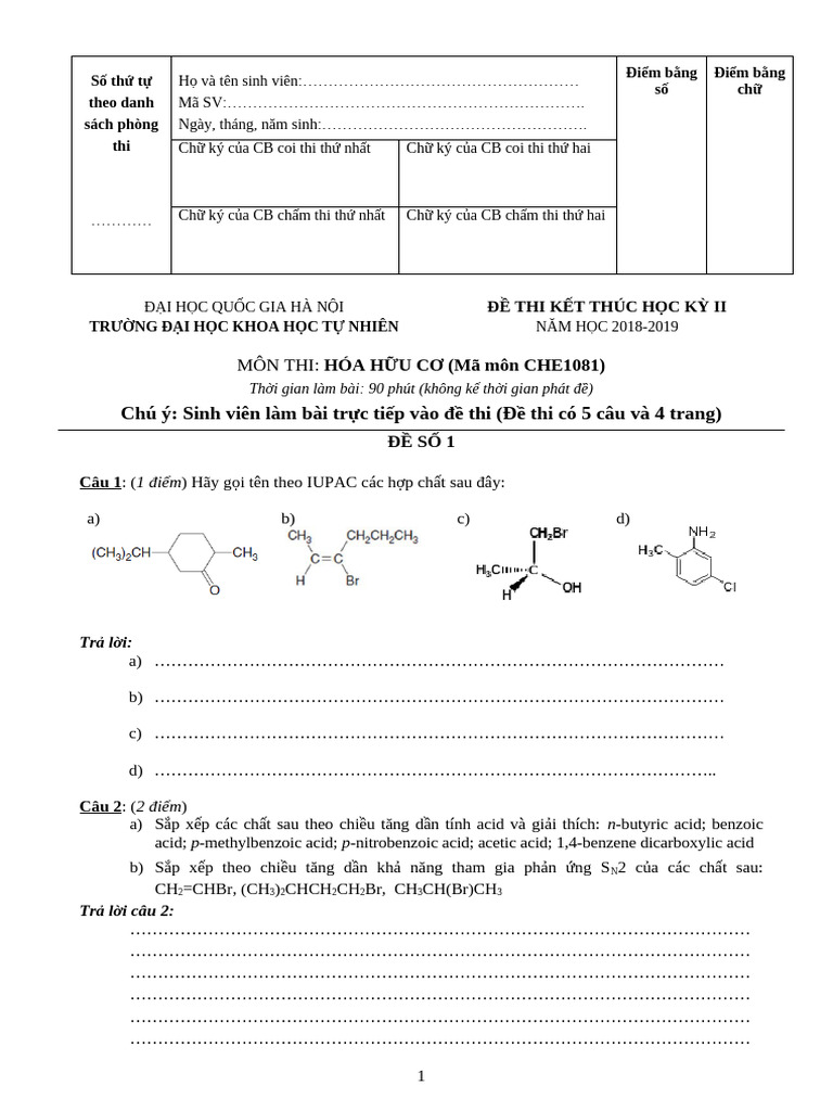 Đề Thi HHC Năm (CHE1081) Đề 1 | PDF