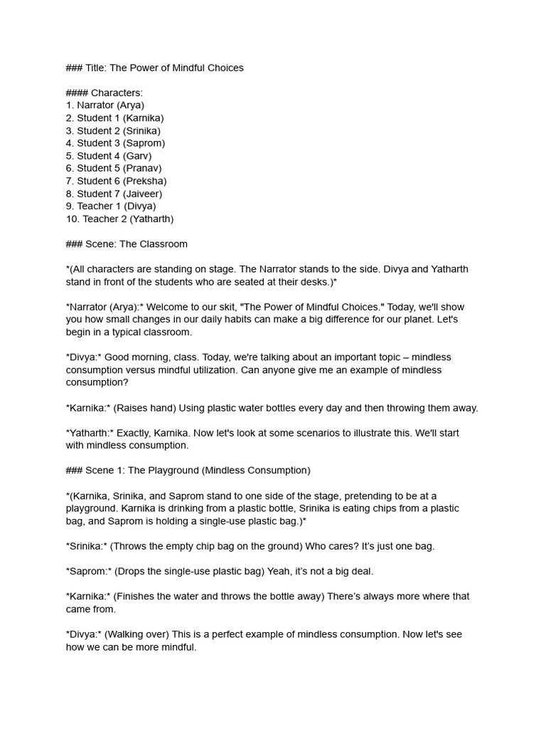 10C Skit Script Title - The Power of Mindful Choices | PDF