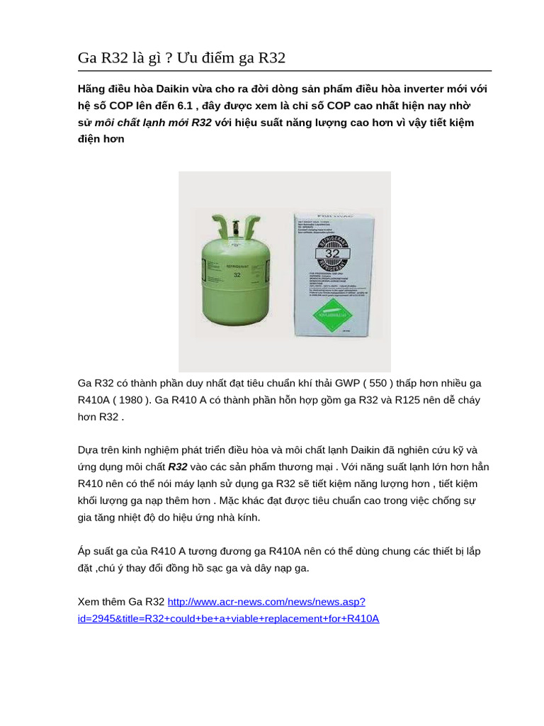 Ga R32 là gì ? Ưu điểm ga R32 | PDF