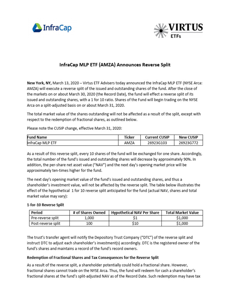 Amza Infracap MLP Etf Announces Reverse Split - Final 3.13.20 | PDF ...