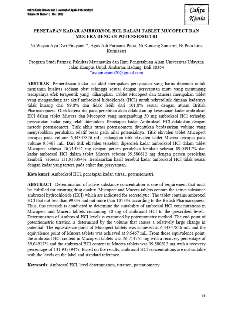 Penetapan Kadar Ambroksol HCL Dalam Tablet Mucopect Dan Mucera Dengan ...