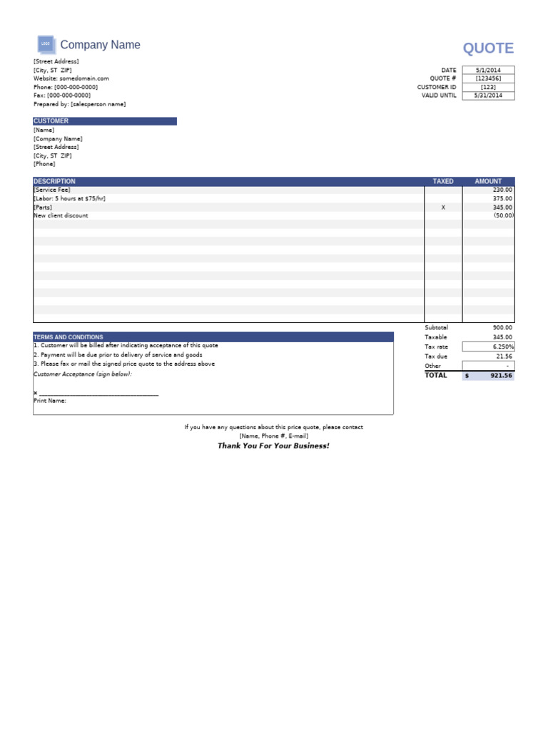 Quote Template | PDF | Taxes | Spreadsheet