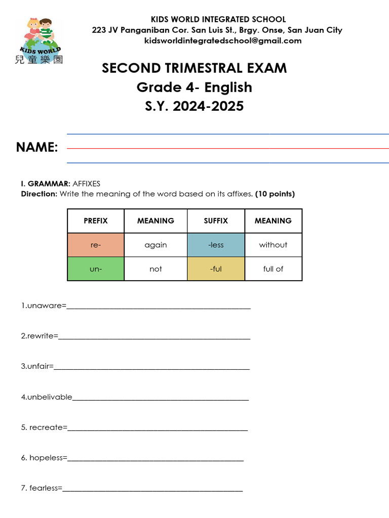 English G4 Second Trimester Exam (Daniel) - 2024-2025 | PDF | Semantic ...