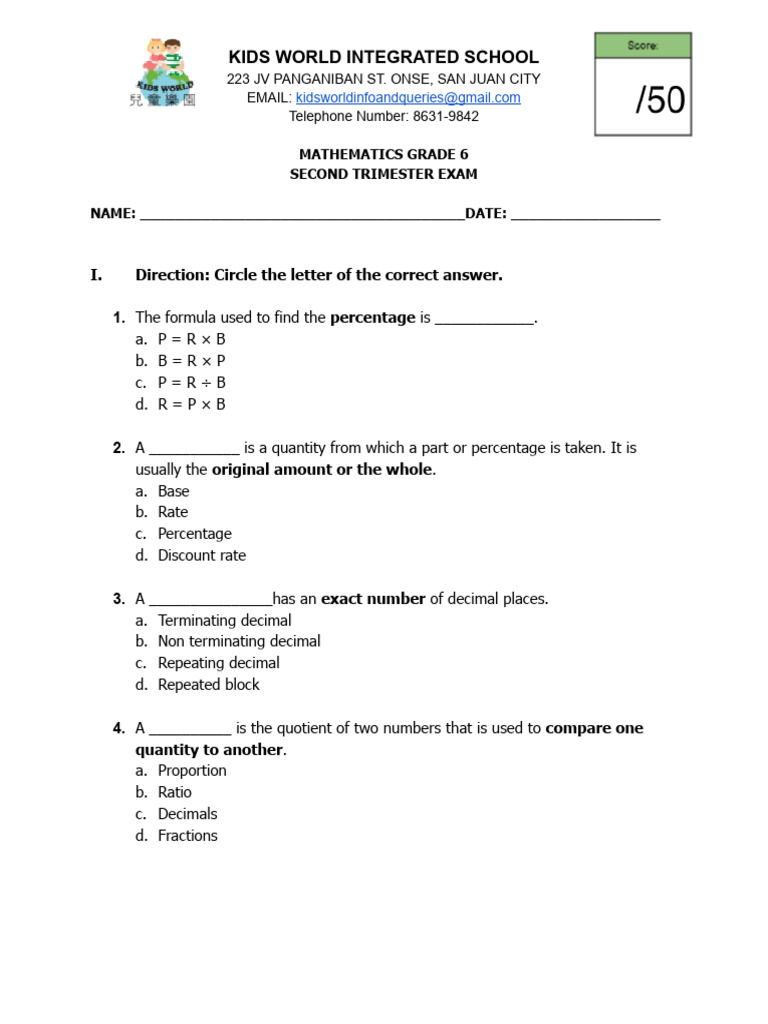 Math 6-Second Trimester Exam | PDF | Ratio | Interest
