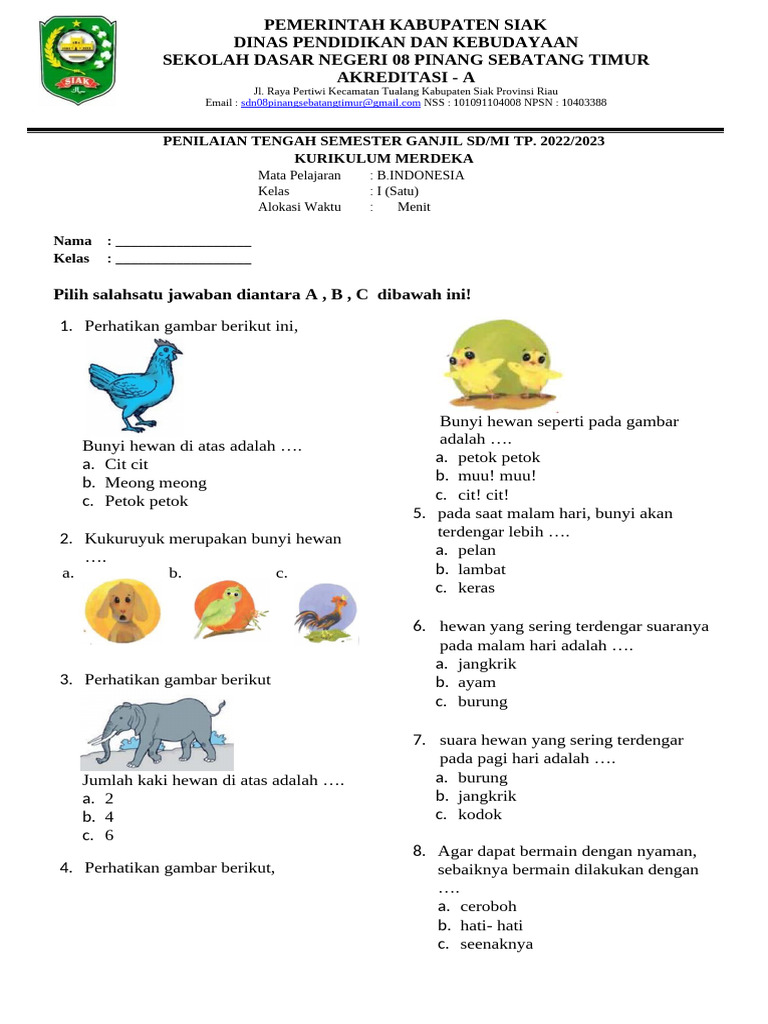 SOAL PTS KLS 1 SEM 1 TP 2022-2023 BINDO (119 RKP) | PDF