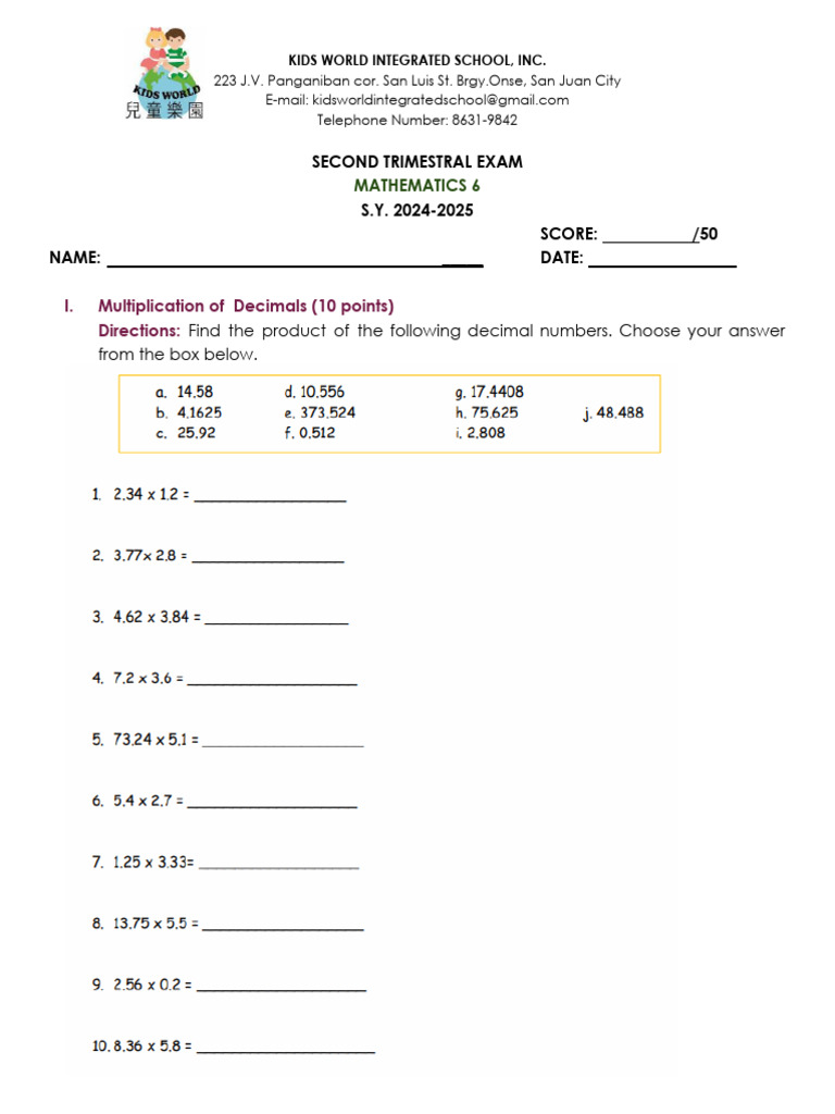 Mathematics 6 (2nd Trimester Exam) | PDF | Ratio | Mathematical Notation