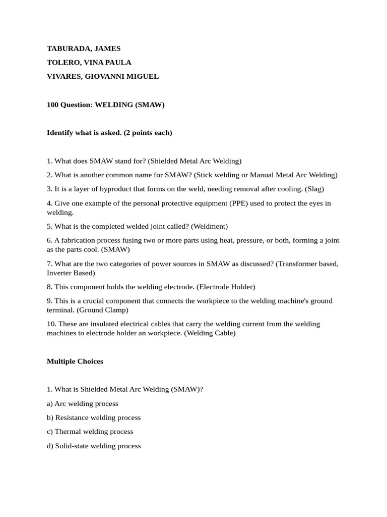 SMAW Welding Exam: Questions & Answers | PDF | Welding | Construction