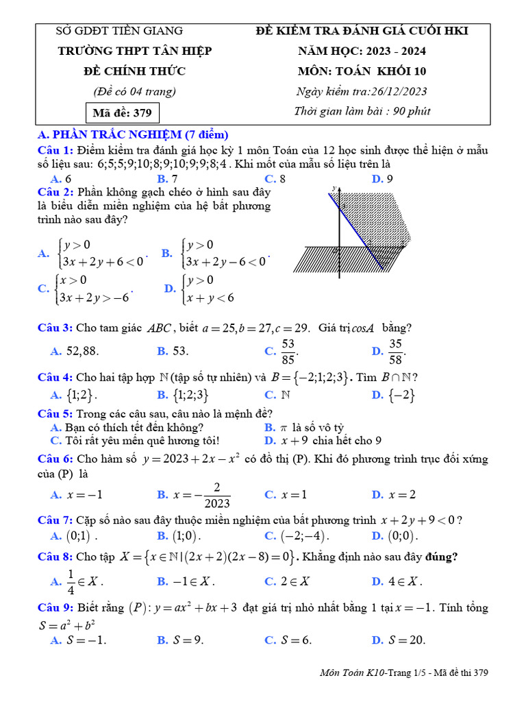 De Cuoi Hk1 Toan 10 Nam 2023 2024 Truong THPT Tan Hiep Tien Giang | PDF