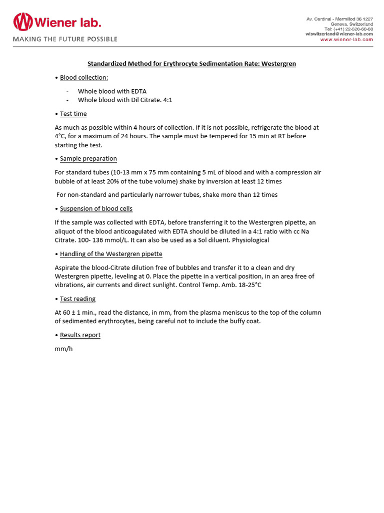 Standarized Method For ESR Westergren | PDF