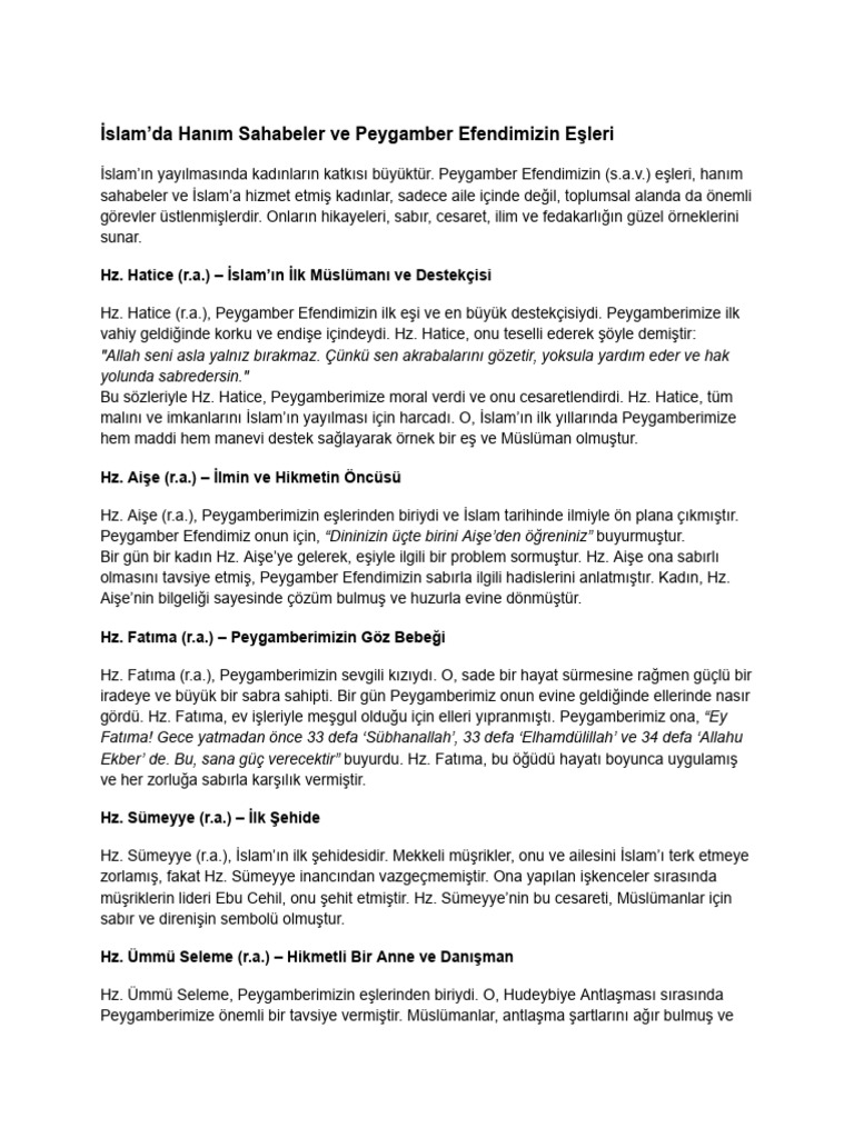 İslam'da Hanım Sahabeler Ve Peygamber Efendimizin Eşleri | PDF