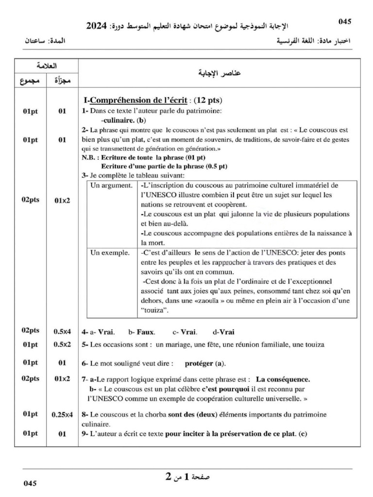 Correction Bem Francais 2024 | PDF