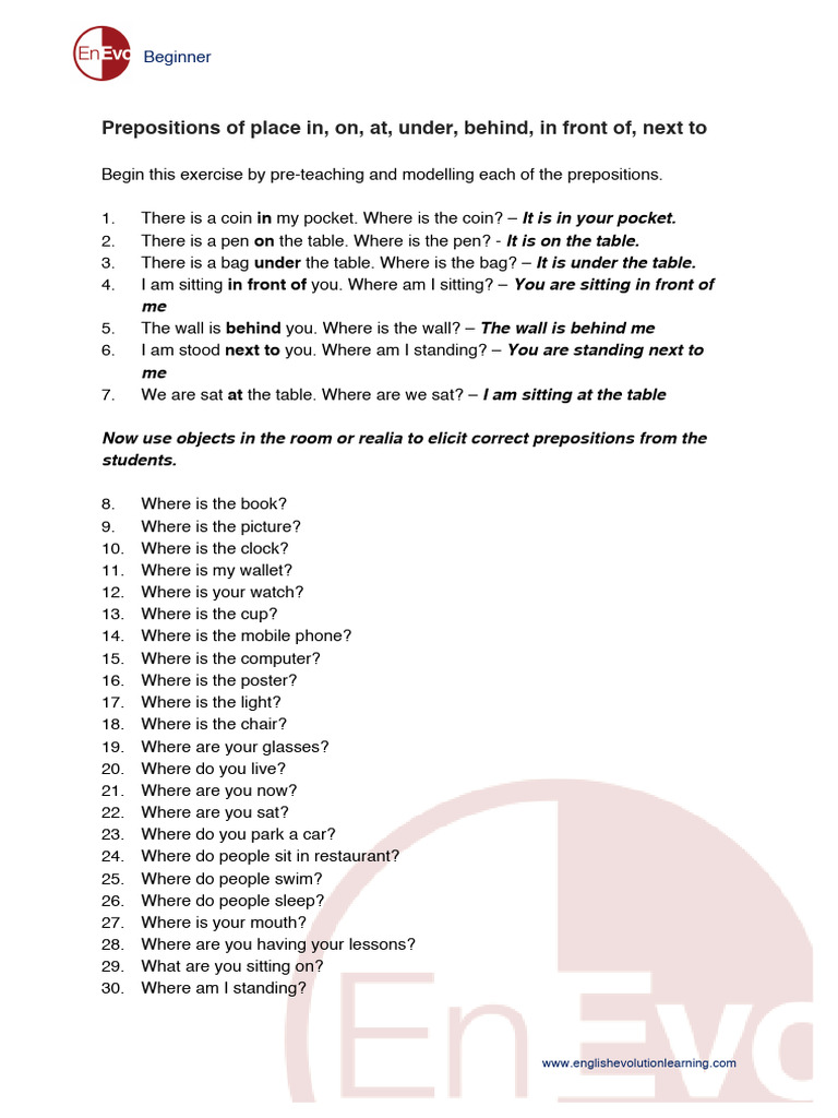 Prepositions of Place: Beginner Guide | PDF