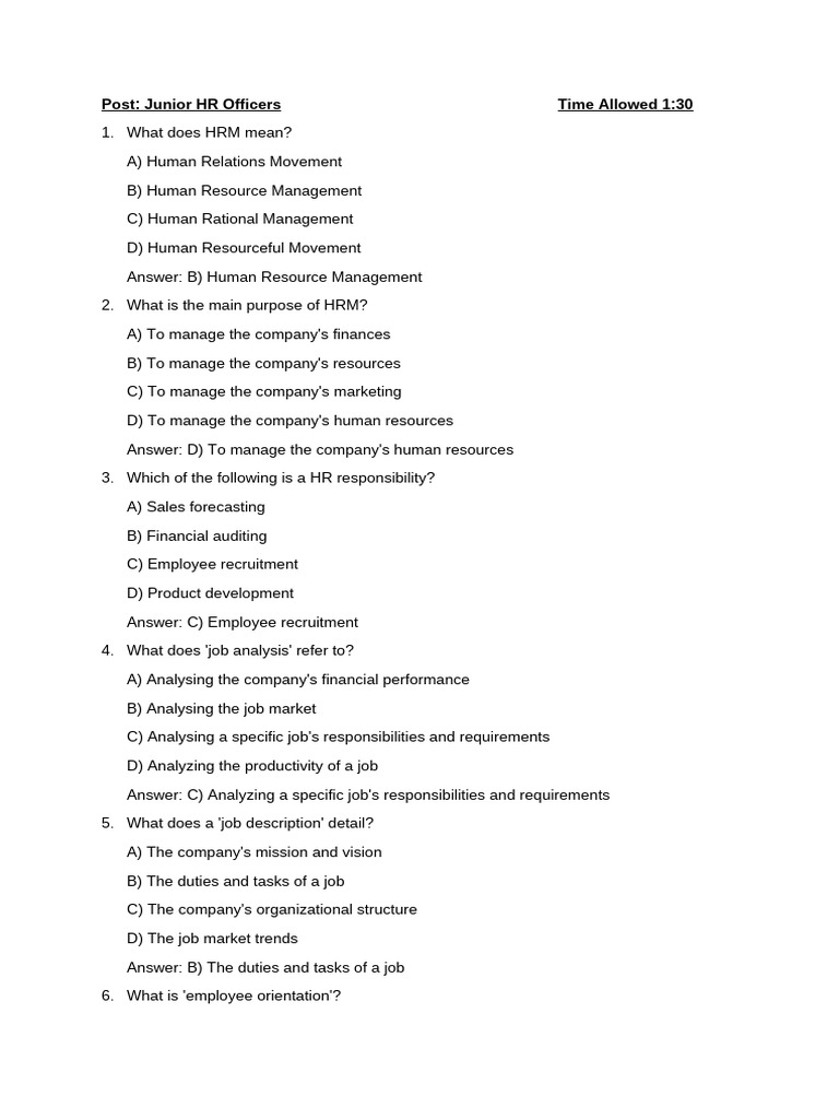 Exam Junior HR Officer Draft | PDF | Employment | Human Resource Management