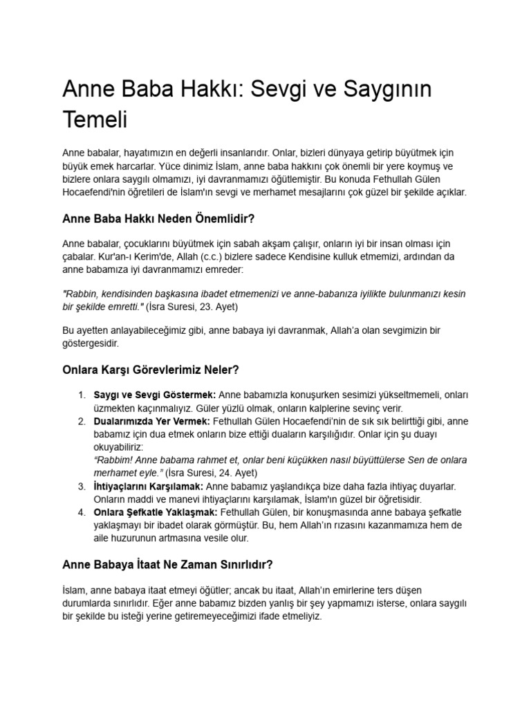 Anne Baba Hakkı: Sevgi Ve Saygının Temeli | PDF