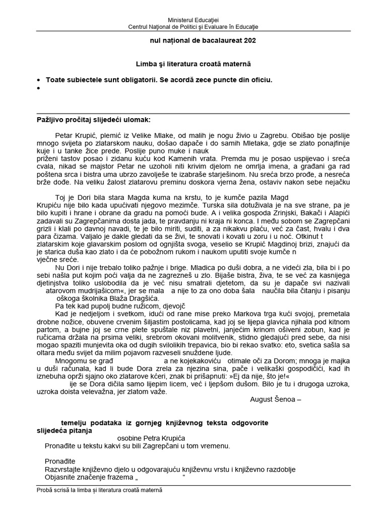 E B Limba Croata Materna 2025 Var Model | PDF