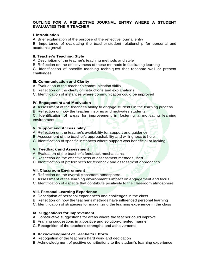Outline for a Reflective Journal Entry Where a Student Evaluates Their ...
