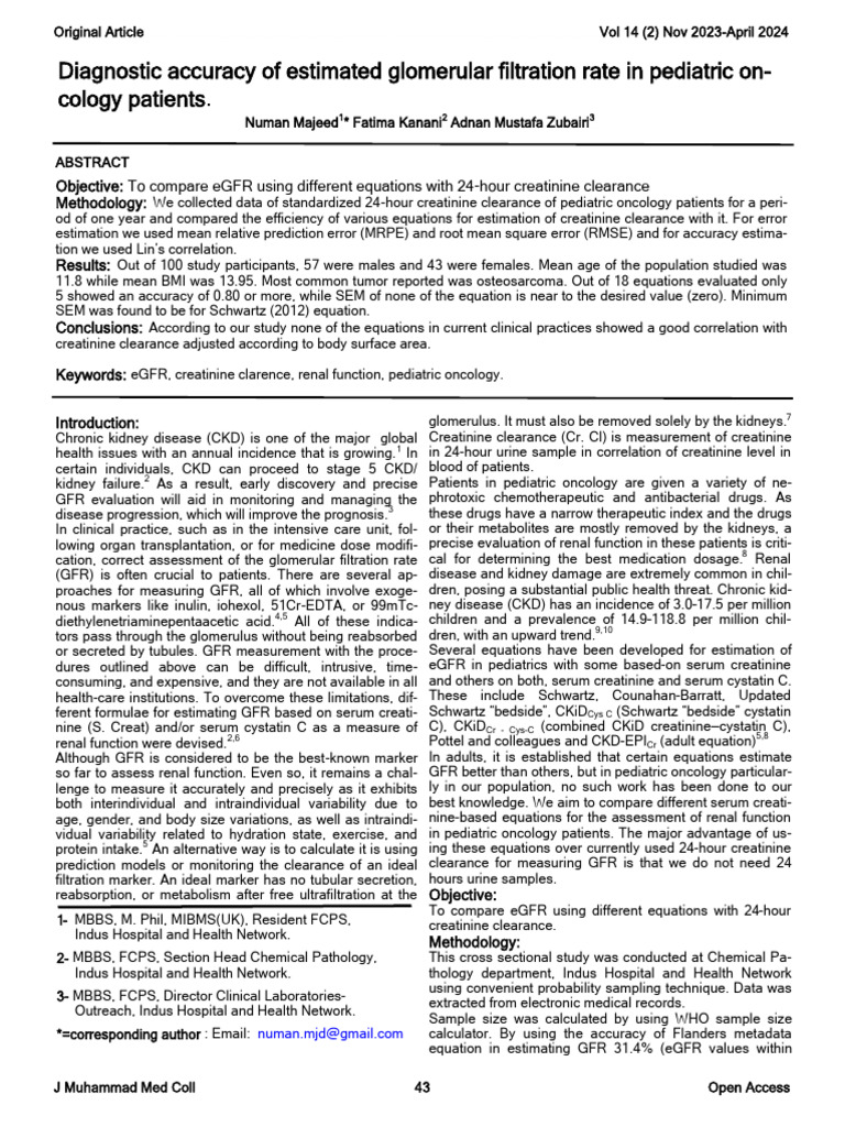 eGFR Accuracy in Pediatric Oncology Patients | PDF | Clinical Medicine ...