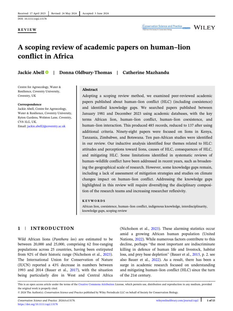A Scoping Review of Academic Papers On Human-Lion | PDF | Lion ...