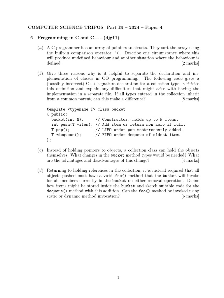 Computer Science Tripos Part I - 2024 - Paper 4 Programming in C and C++ (djg11) | PDF